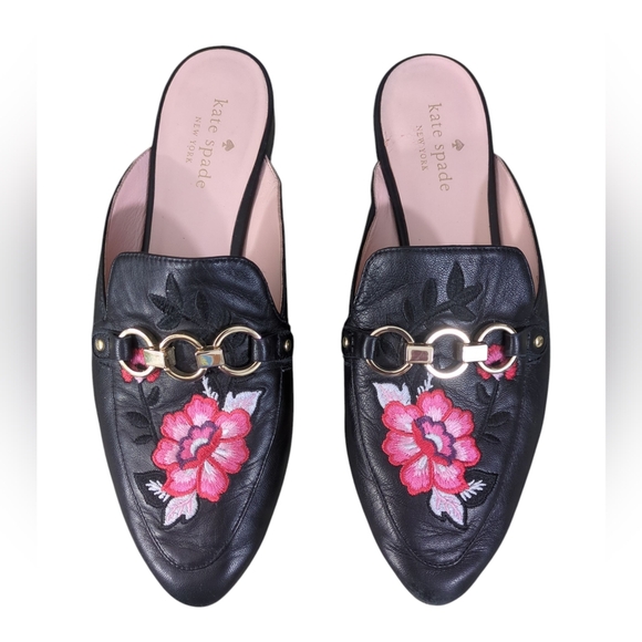 kate spade | Shoes | Kate Spade Black Mules With Pink Floral Embroidery ...